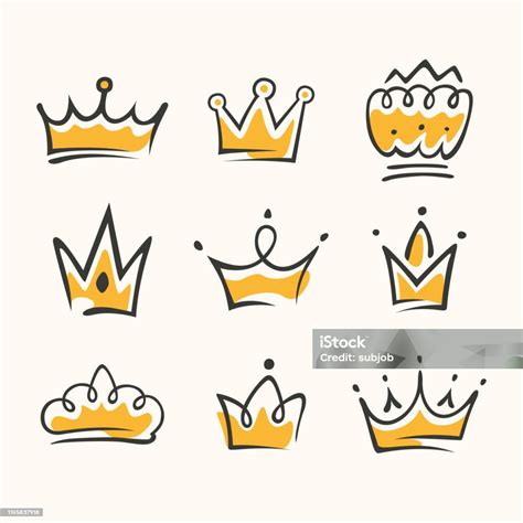 손으로 그린 그래픽 모더니즘 요소입니다 로얄 크라운 골드 세트입니다 흰색 배경에 고립입니다 벡터 일러스트 0명에 대한 스톡 벡터