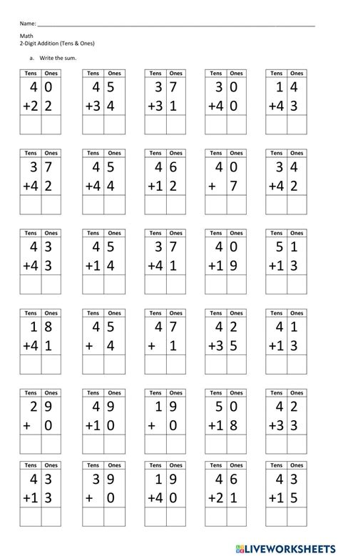 2 Digit Addition No Regrouping Tens Ones Columns Numbers 1 40 Online Exercise For Live