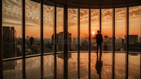 A Man Standing In Front Of A Large Window Looking Out At The City Ai Stock Image Image Of