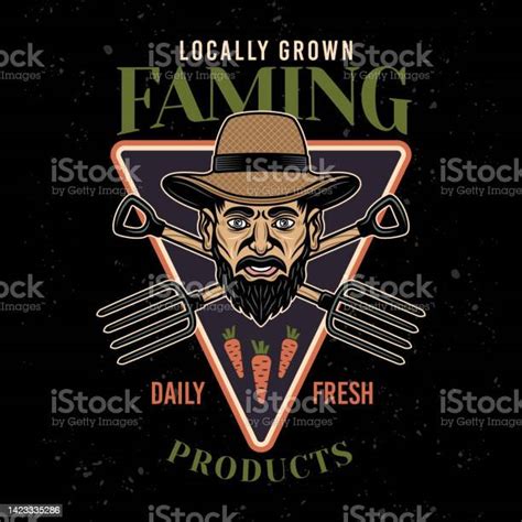 농민 시장 및 유기농 제품 벡터 엠블럼 로고 배지 또는 어두운 배경에 만화 컬러 스타일의 라벨 고급에 대한 스톡 벡터 아트 및