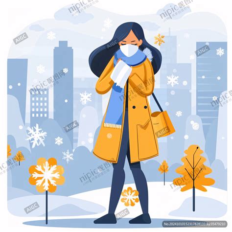 Ai创作图打喷嚏掩口鼻插画 上下班途中预防插画 插画季节冬 雪地行走的卡通姑娘 扁平卡通插画冬天 冬天冬季下雪 手绘冬季主题朦胧插画 冬季预防流感 季节性疾病预防 季节性流行感冒 冬季疾病预防