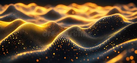 Abstract Golden Wave Patterns With Glowing Particles In Dark Background