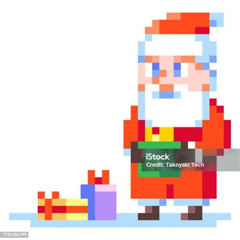 픽셀 아트 산타 클로스 선물 상자 레트로 8 비트 스타일 메리 크리스마스와 새해 복 많이 받으세요 겨울 휴일 그림입니다 스티커 복고풍 장식 요소 게임 자산 이모티콘 또는