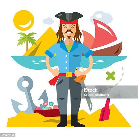 검을 가진 벡터 해적 플랫 스타일 다채로운 만화 일러스트 1에 대한 스톡 벡터 아트 및 기타 이미지 1 School Carnival 검 Istock
