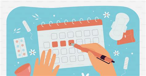 달력에 월경일을 표시하는 여성 손 플랫 벡터 그림입니다 팬티 라이너 생리컵 진통제 탐폰 평면도 기간 주기 월경 건강 관리 호르몬 배경 개념 벡터