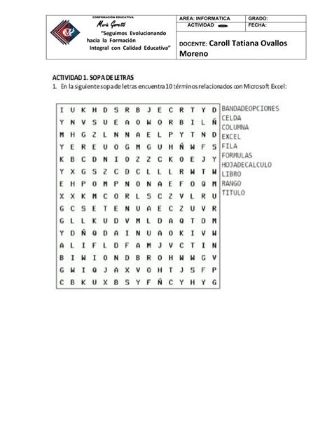 sopa de letras excel worksheet