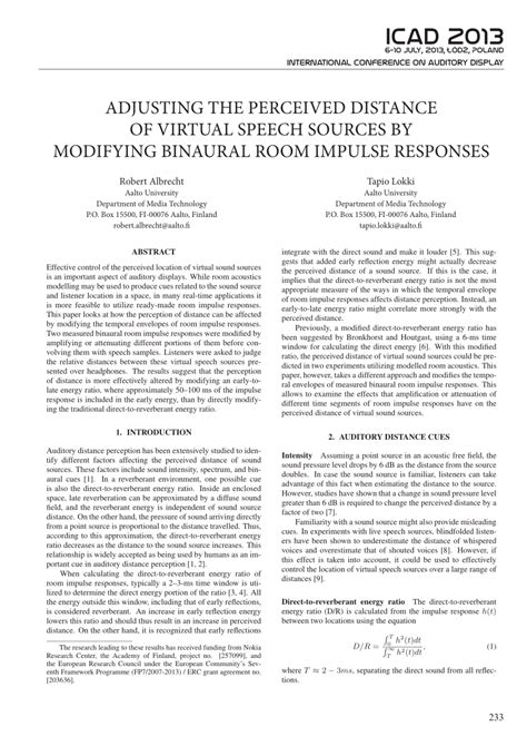Pdf Adjusting The Perceived Distance Of Virtual Speech Sources By Modifying Binaural Room