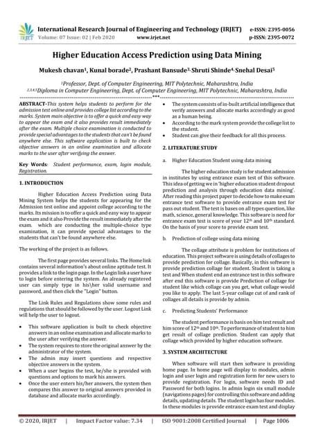 Irjet Higher Education Access Prediction Using Data Mining Pdf