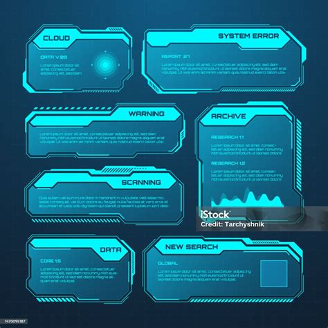 파란색 미래형 Hud 또는 Ui 요소 공상 과학 사용자 인터페이스 텍스트 상자 설명선 경고 메시지 프레임 정보 상자 템플릿입니다