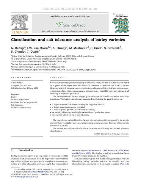 Pdf Classification And Salt Tolerance Analysis Of Barley Varieties Stefania Grando
