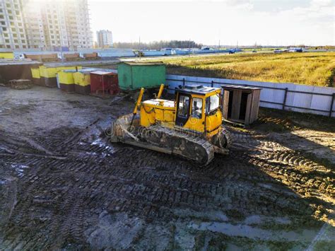 Powerful Heavy Loader Or Dozer View From Above Drone Photography