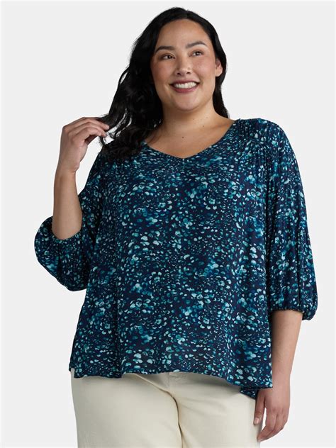 Terra And Sky Womens Plus Size Poet Sleeve Blouse V Neck Allover Print