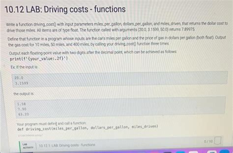 1012 Lab Driving Costs Functions Write A Function