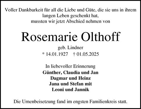 Traueranzeigen Von Rosemarie Olthoff Trauer And Gedenken