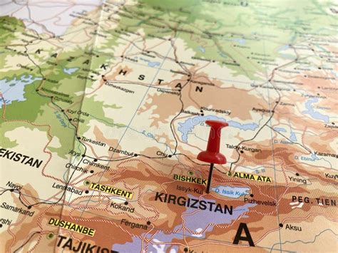 View Of Issyk Kul Kyrgyzstan Marked With Red Pushpin Stock Image