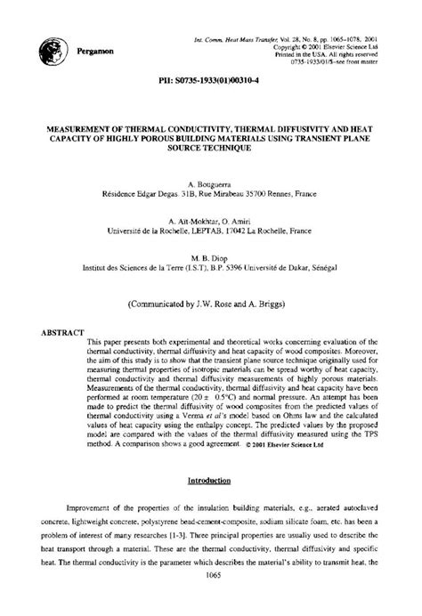 Pdf Measurement Of Thermal Conductivity Thermal Diffusivity And Heat