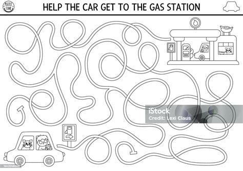 자동차 운전자가 있는 아이들을 위한 교통 흑백 미로 라인 운송 인쇄 가능한 활동 또는 색칠 페이지 미로 게임 채우기 서비스와 퍼즐 카페 자동차가 주유소에 도착하도록