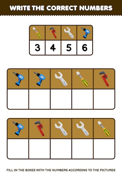 어린이를 위한 교육 게임은 테이블 인쇄 가능한 도구 워크시트에 있는 귀여운 드라이버 렌치 드릴 그림에 따라 상자에 올바른 숫자를 씁니다 프리미엄 벡터
