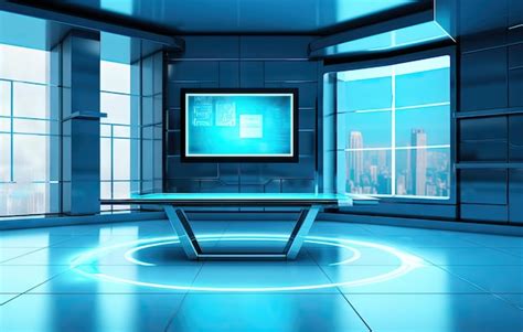 Tv 프로그램 녹화를 위한 현실적인 스튜디오 3d 인테리어 뉴스 캐스터의 테이블 및 프리젠테이션 모니터 스포트라이트 및 세계 지도 프리미엄 사진