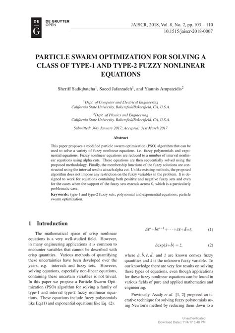 Pdf Particle Swarm Optimization For Solving A Class Of Type 1 And Type 2 Fuzzy Nonlinear Equations