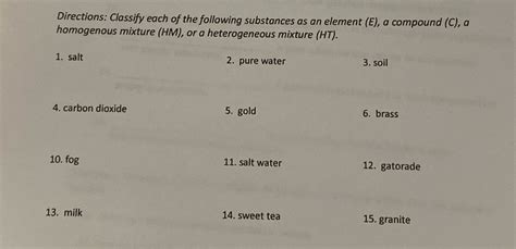 Solved Directions Classify Each Of The Following Substances As An
