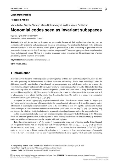 Pdf Monomial Codes Seen As Invariant Subspaces