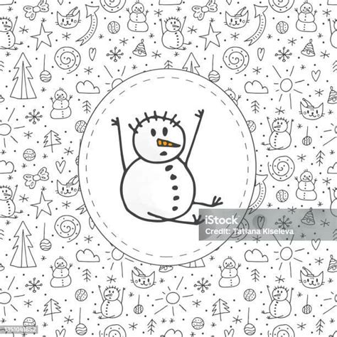 앉아있는 눈사람과 낙서 요소의 원활한 패턴 2022년 겨울 손으로 그린 겨울 물건 12월에 대한 스톡 벡터 아트 및 기타 이미지
