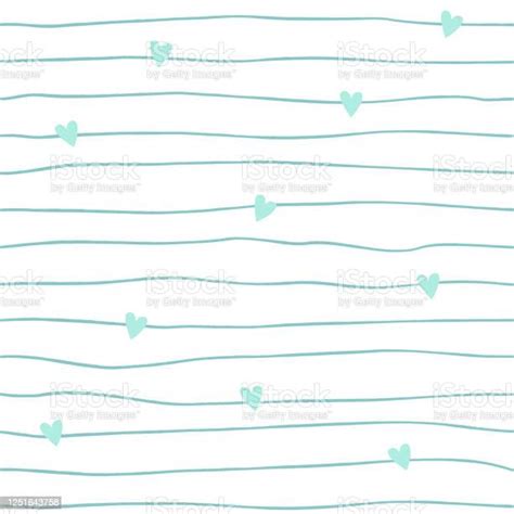 흰색 배경에 수평 파란색 줄무늬 파란색 선에서 하트를 반복합니다 로맨틱 매끄러운 패턴 귀여운 끝없는 프린트 손으로 그린 소녀