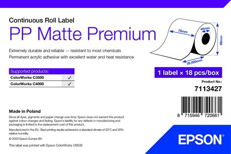 Pp Matte Label Premium Continuous Roll 76mm X 29m Papeles Y Soportes Tinta Y Papel
