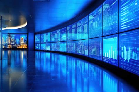 Futuristic Blue Digital Control Room With Large Data Screens Displaying Graphs And Cityscape