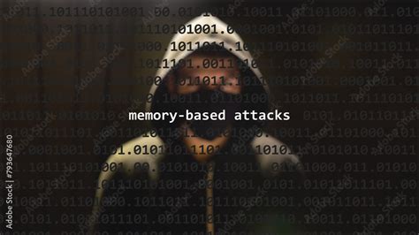 Cyber Attack Memory Based Attacks Text In Foreground Screen Anonymous Hacker Hidden With Hoodie