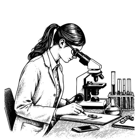 Hand Drawn Female Scientist Working Using Microscope Engraving Black And White Scientist