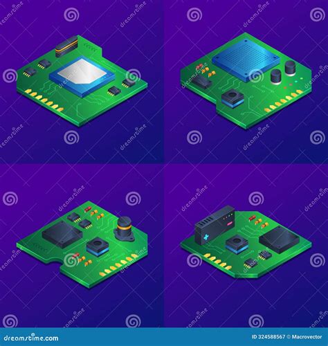 Semiconductor Chip Transistor Resistor For Electric Circuit Board Vector Illustration
