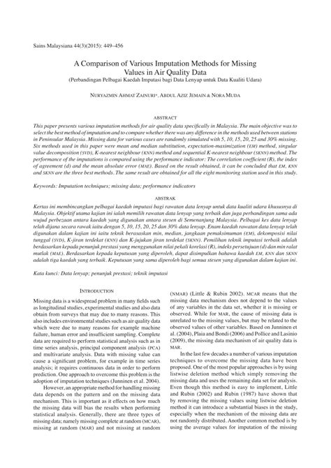 Pdf A Comparison Of Various Imputation Methods For Missing Values In