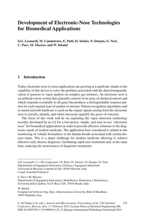 Pdf Development Of Electronic Nose Technologies For Biomedical