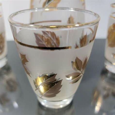 Vintage Mcm Libby Gold Leaf Frosted Carafe Jarplastic Stopper And Glasses