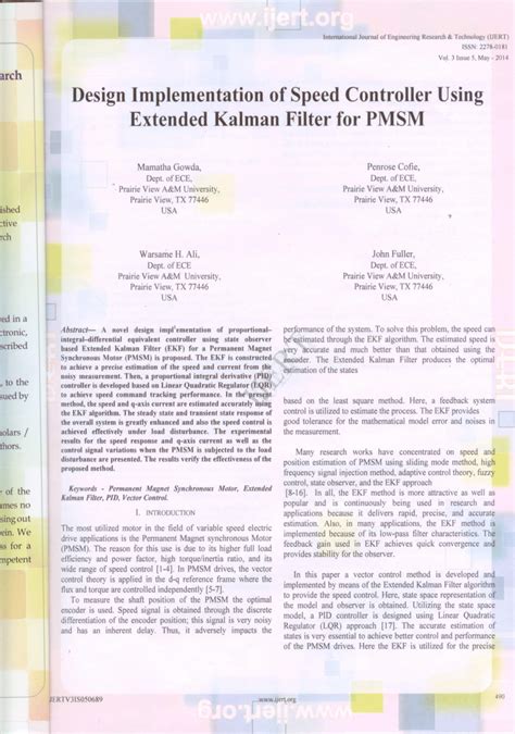 Pdf Design Implementation Of Speed Controller Using Extended Kalman