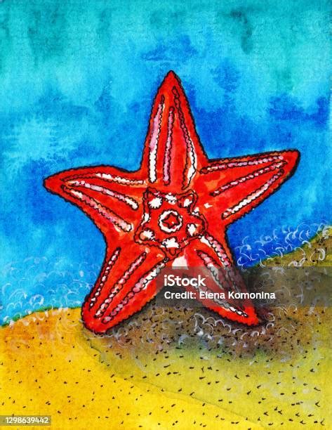 수채화 카드 해양 테마 모래 해안에 푸른 바다 파도 아쿠아 마린 물과 황금 노란색 모래 밝은 붉은 불가사리 바다 휴가 일러스트레이션 드로잉에 대한 스톡 벡터 아트 및 기타