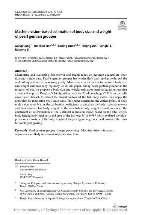 Machine Vision Based Estimation Of Body Size And Weight Of Pearl Gentian Grouper