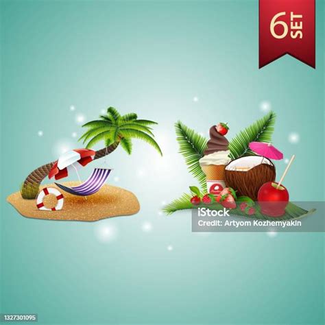 야자수 야수 해먹 비치 우산 코코넛 칵테일 딸기 라즈베리 체리 아이스크림을 위한 3d 볼륨 여름 아이콘 세트 3차원 형태에 대한