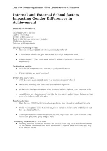 Internal And External School Factors Affecting Gender Achievement Teaching Resources