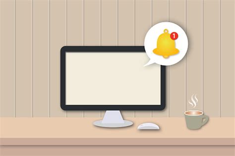 나무 배경에 알림과 커피 컵이 있는 테이블에 빈 화면 데스크톱 컴퓨터 새 전자 메일 메시지의 개념입니다 개념에 대한 스톡 벡터