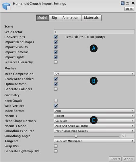 Unity Manual Model Tab