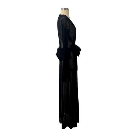 Long Black Sheer Lingerie Wedding Night Robe Feather Gem