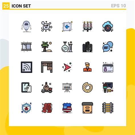 Set Of 25 Vector Filled Line Flat Colors On Grid For New Cloud Arrow Light Candle Dinner