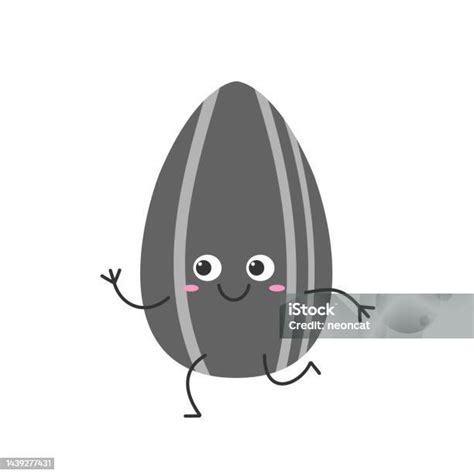 Biji Bunga Matahari Menjalankan Karakter Lucu Kartun Tersenyum Wajah Ceria Kawaii Kegembiraan