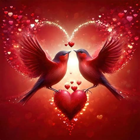 Premium Photo Romantic Kiss Between Two Birds With Flying Hearts