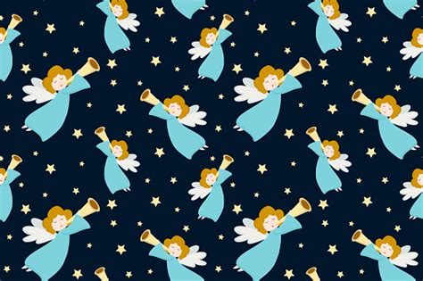 파란색 옷을 입고 어두운 배경에 파이프와 황금 머리에 비행 천사와 벡터 원활한 패턴 엽서 포스터 포장지 선물용 디자인 12월에