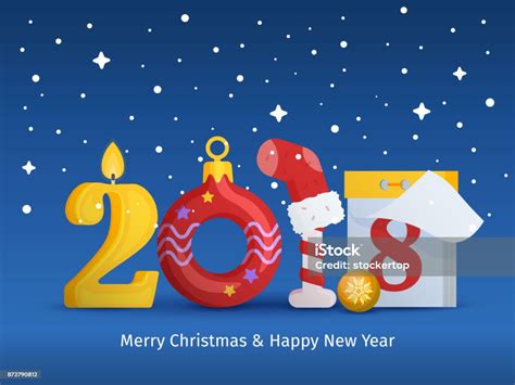 새 해와 크리스마스 인사말 카드입니다 2018 해피 뉴가 어 촛불 크리스마스 공 사탕 지팡이의 형태로 그림 달력 12월에 대한 스톡 벡터 아트 및 기타 이미지 Istock