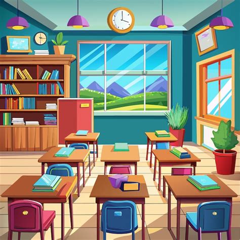 A Drawing Of A Classroom With A Clock On The Wall And A Green Plant In The Center Premium Ai